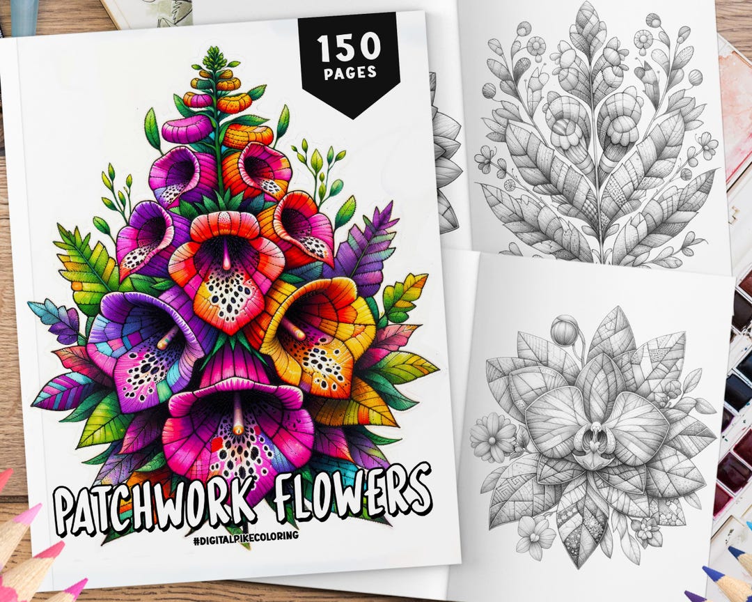150 Patchwork Flowers Coloring Book, Grayscale Coloring, Coloring ...