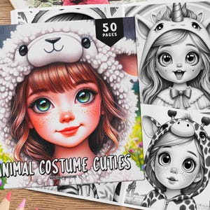 50 Animal Costume Cuties Coloring Book, Grayscale Coloring Pages ...