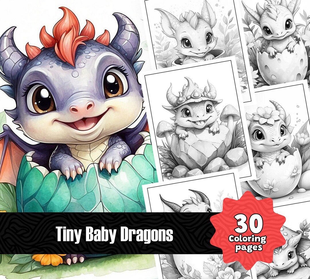 30 Tiny Baby Dragons Coloring Pages for Adults and Kids, Grayscale ...