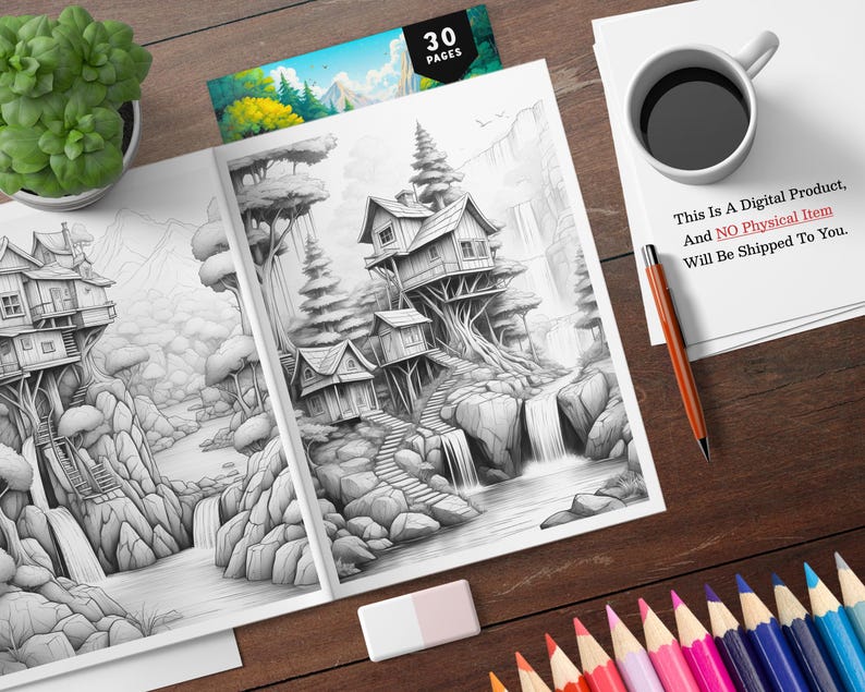 30 Tree House and Waterfall Coloring Pages, Grayscale Coloring Pages ...