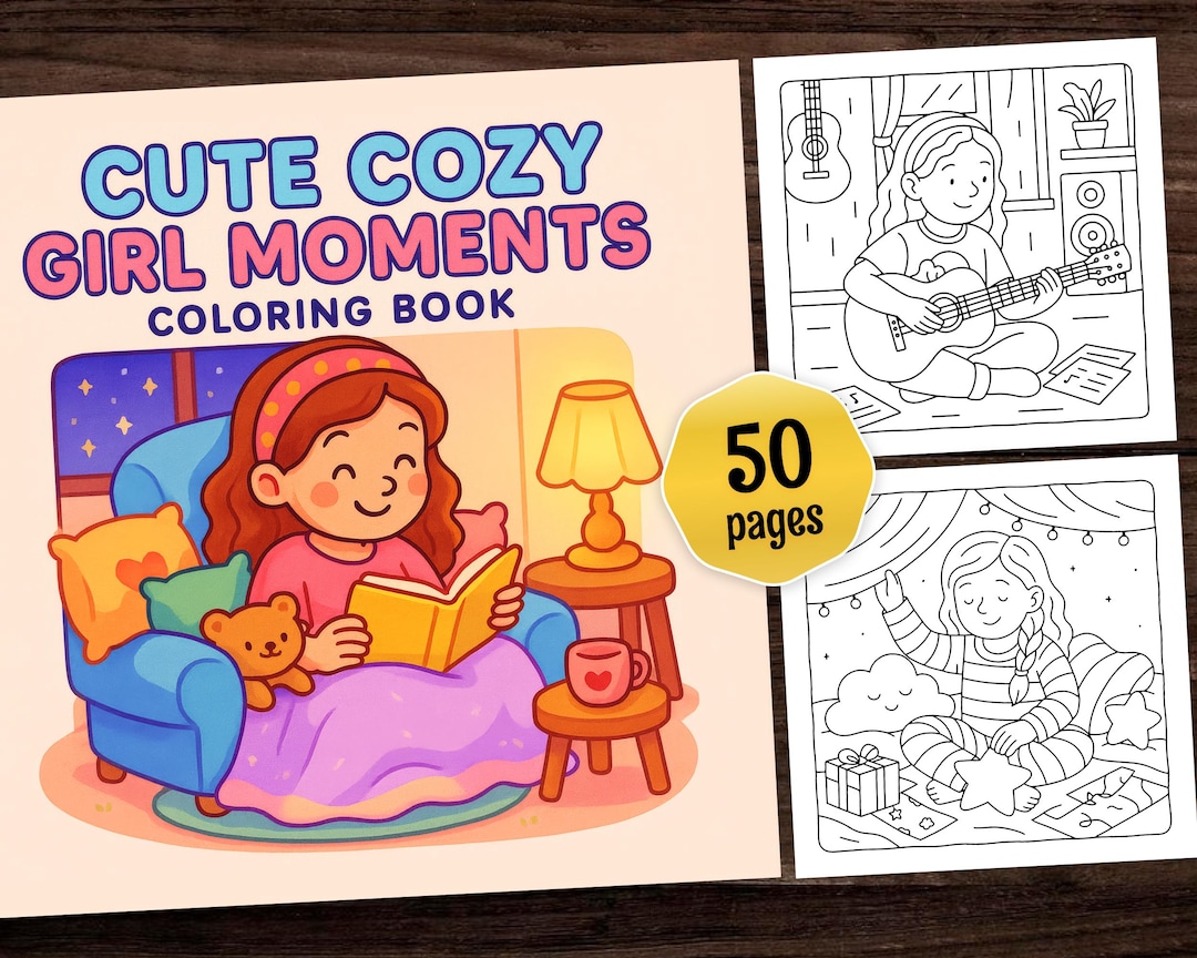 Cute Cozy Girl Moments Coloring Book Scenes Bold and Easy Coloring ...