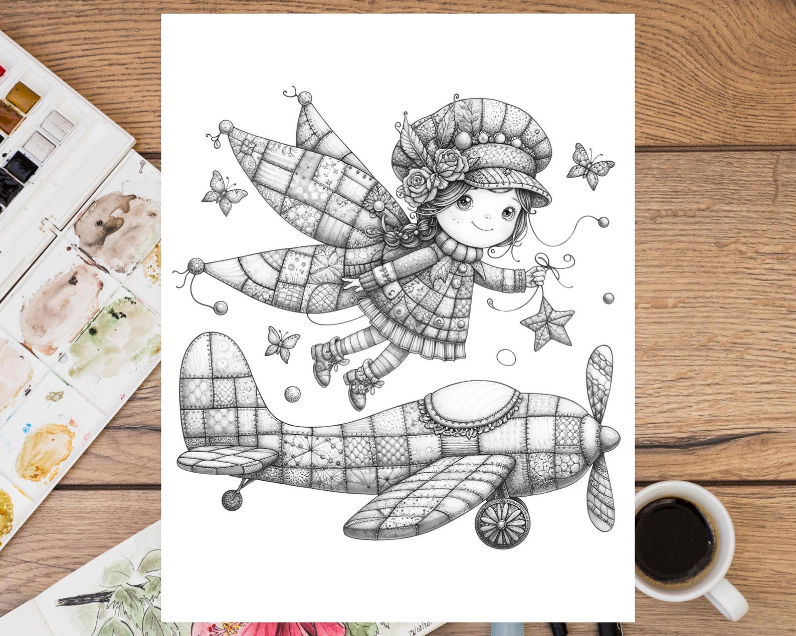 100 Patchwork Fairy Coloring Book, Grayscale Coloring, Coloring Sheets ...