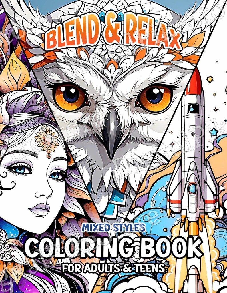 Blend and Relax Coloring Book, Mixed Styles Coloring Pages, Flowers ...
