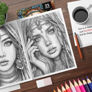 25 Boho Girls Coloring Pages, Grayscale Coloring Book, Beauty Portraits ...