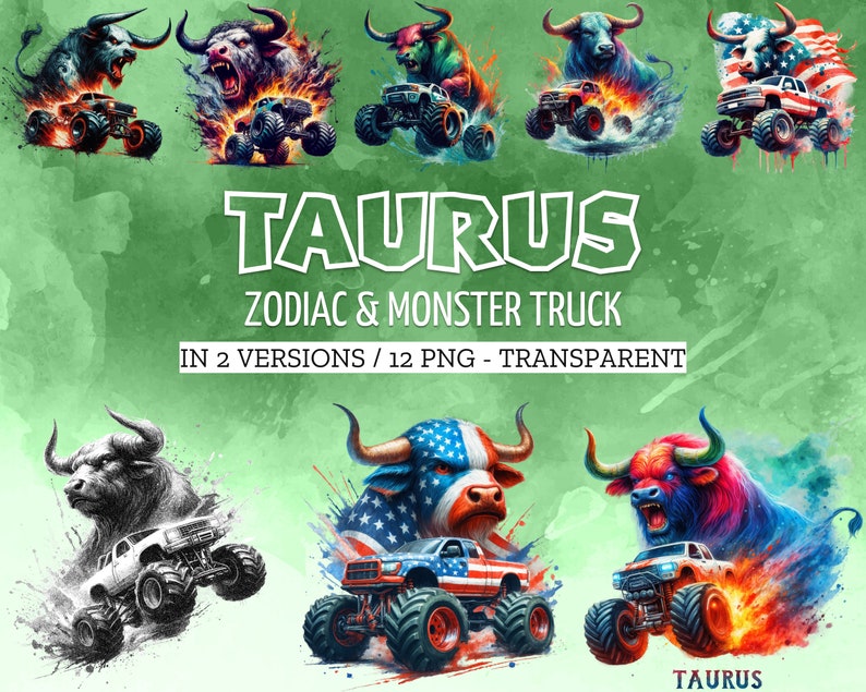 Taurus Zodiac, Monster Truck With Zodiac Signs Clipart Set, American ...
