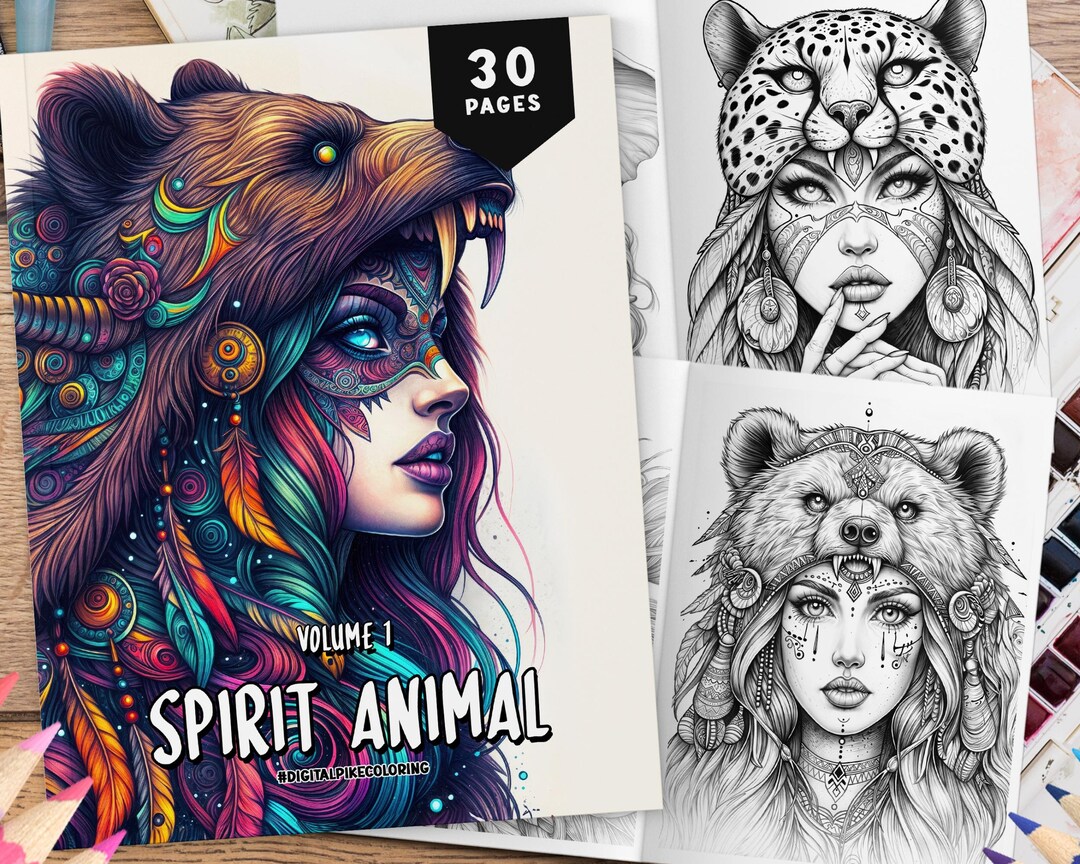 30 Spirit Animal Coloring Book Volume 1, Grayscale Coloring Pages ...