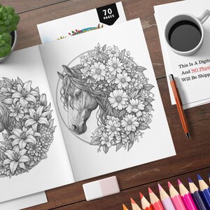 70 Floral Horse Coloring Book, Grayscale Coloring, Coloring Sheets ...