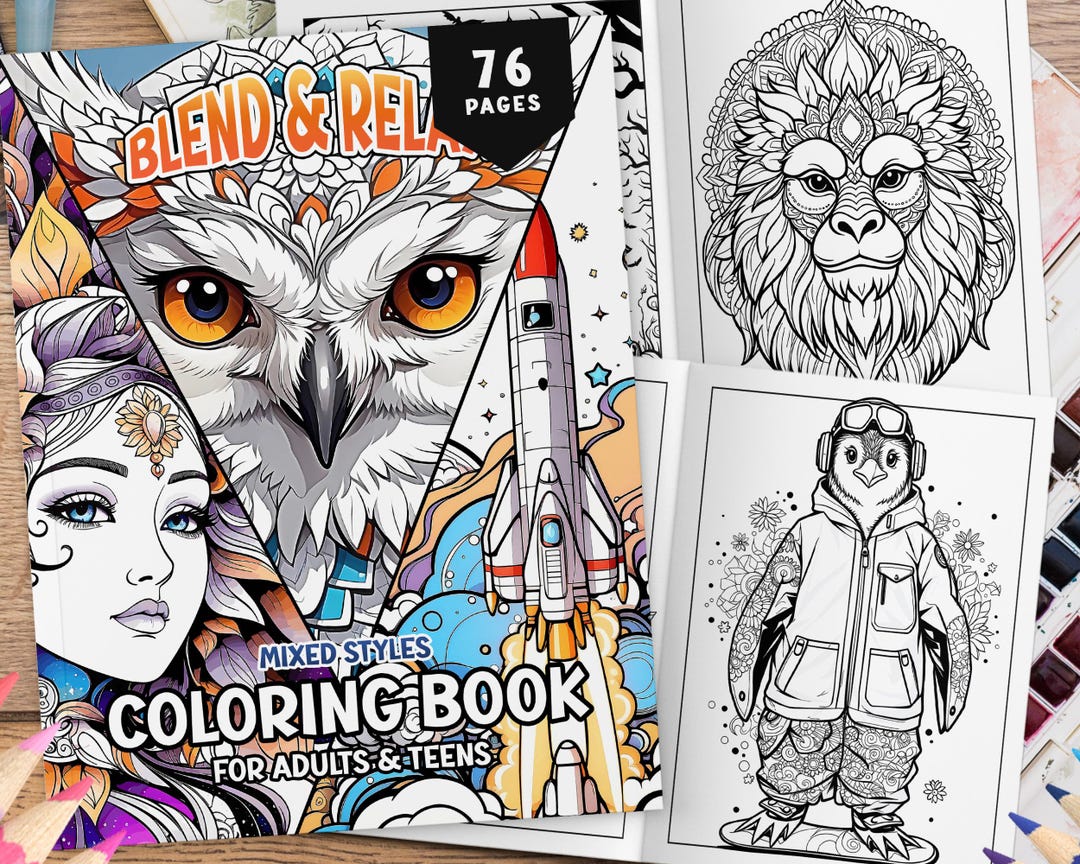 76 Blend and Relax Coloring Book, Mixed Styles Coloring Pages, Flowers ...