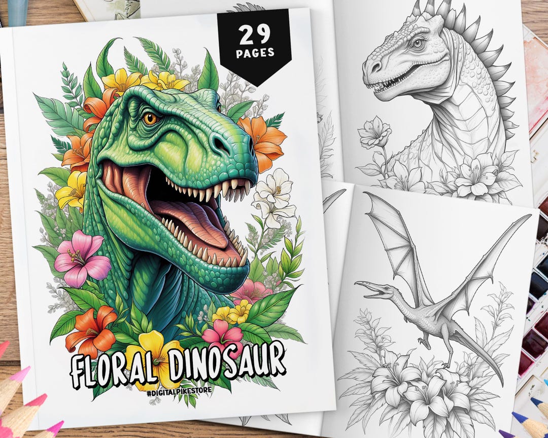 29 Floral Dinosaur Coloring Pages for Adults, Grayscale Coloring Pages ...