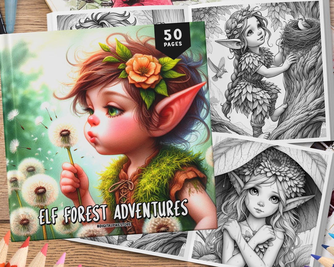 50 Elf Forest Adventures Coloring Book, Grayscale Coloring Pages ...