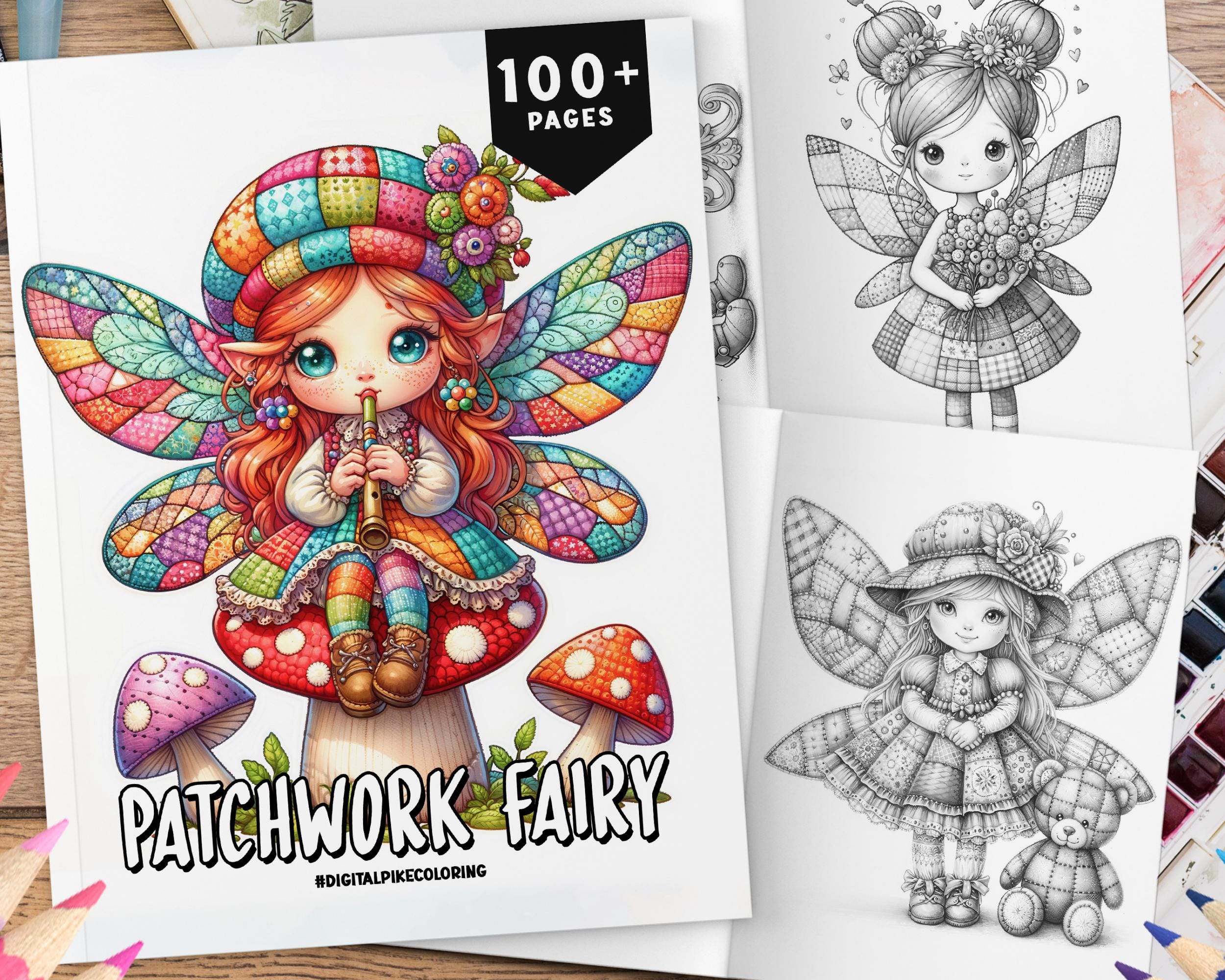 100 Patchwork Fairy Coloring Book, Grayscale Coloring, Coloring Sheets ...
