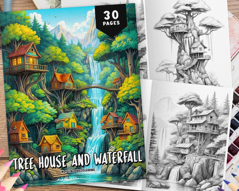 30 Tree House and Waterfall Coloring Pages, Grayscale Coloring Pages ...