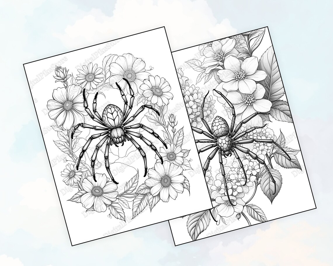36 Floral Spiders Coloring Pages for Adults, Grayscale Coloring Pages ...