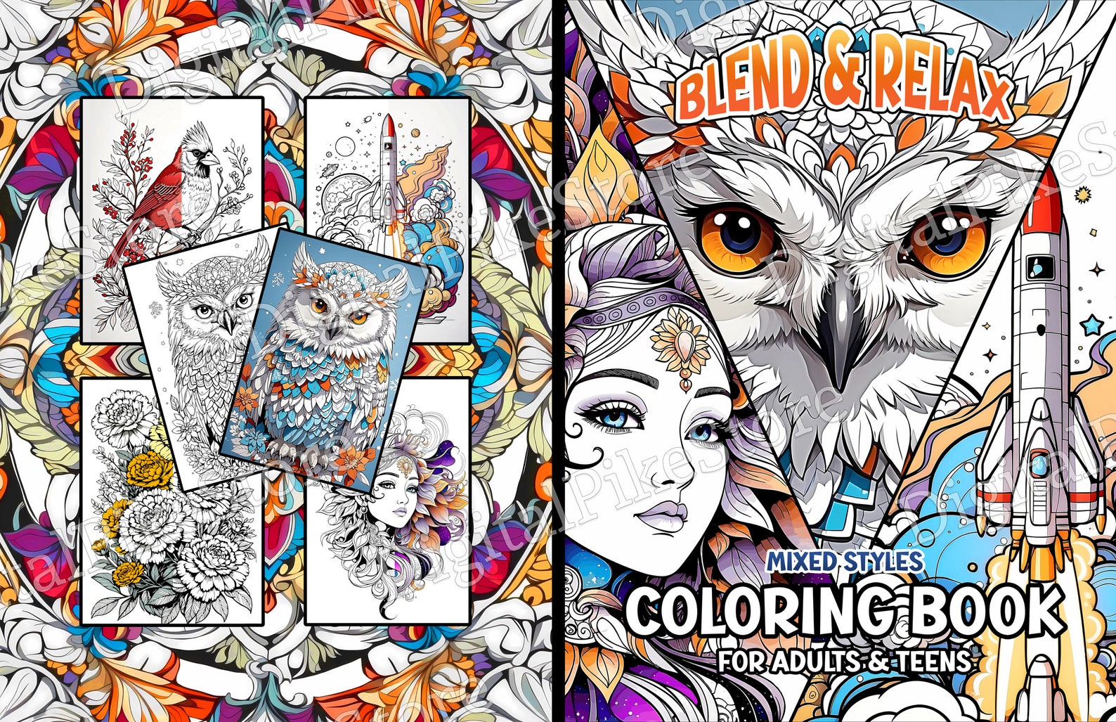 Blend and Relax Coloring Book, Mixed Styles Coloring Pages, Flowers ...