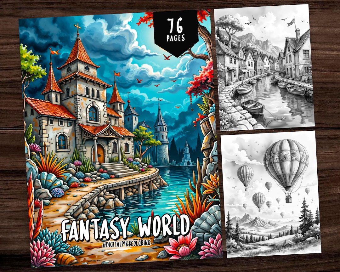 76 Fantasy World Coloring Book, Grayscale Coloring Book, Coloring ...