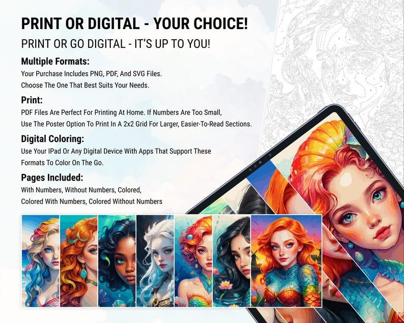 Mermaids Color by Number, Digital Coloring Page, Paint by Number ...