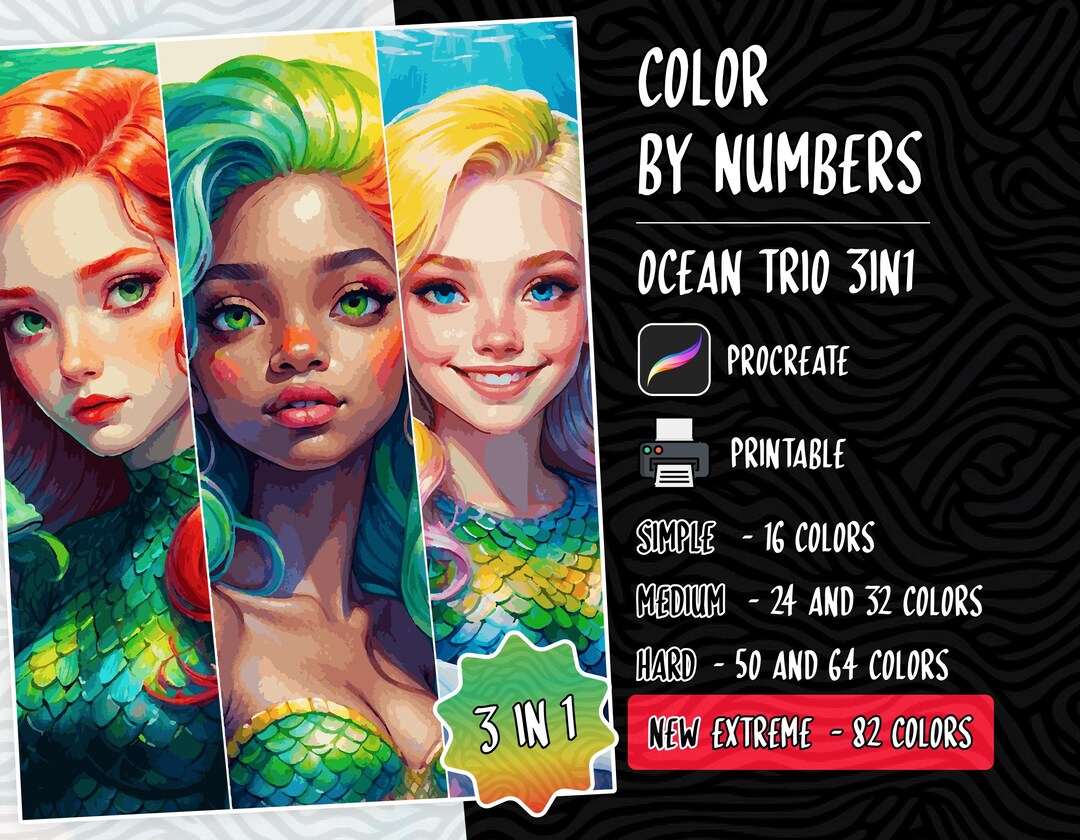 Mermaids Coloring by Number, Digital Coloring Page, Paint by Number ...