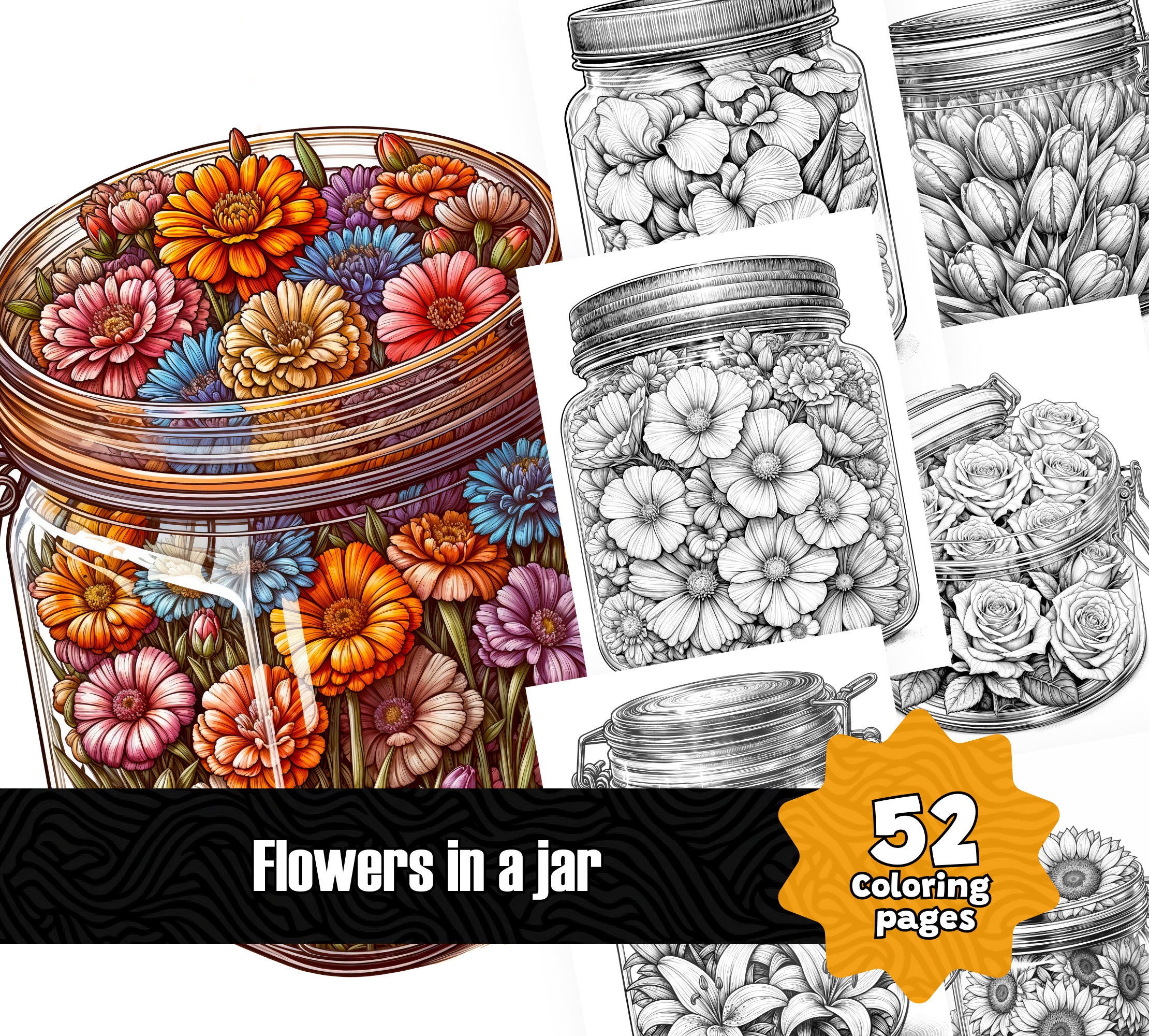 52 Flowers in a Jar Coloring Pages, Coloring Sheets, Botanical Flowers ...