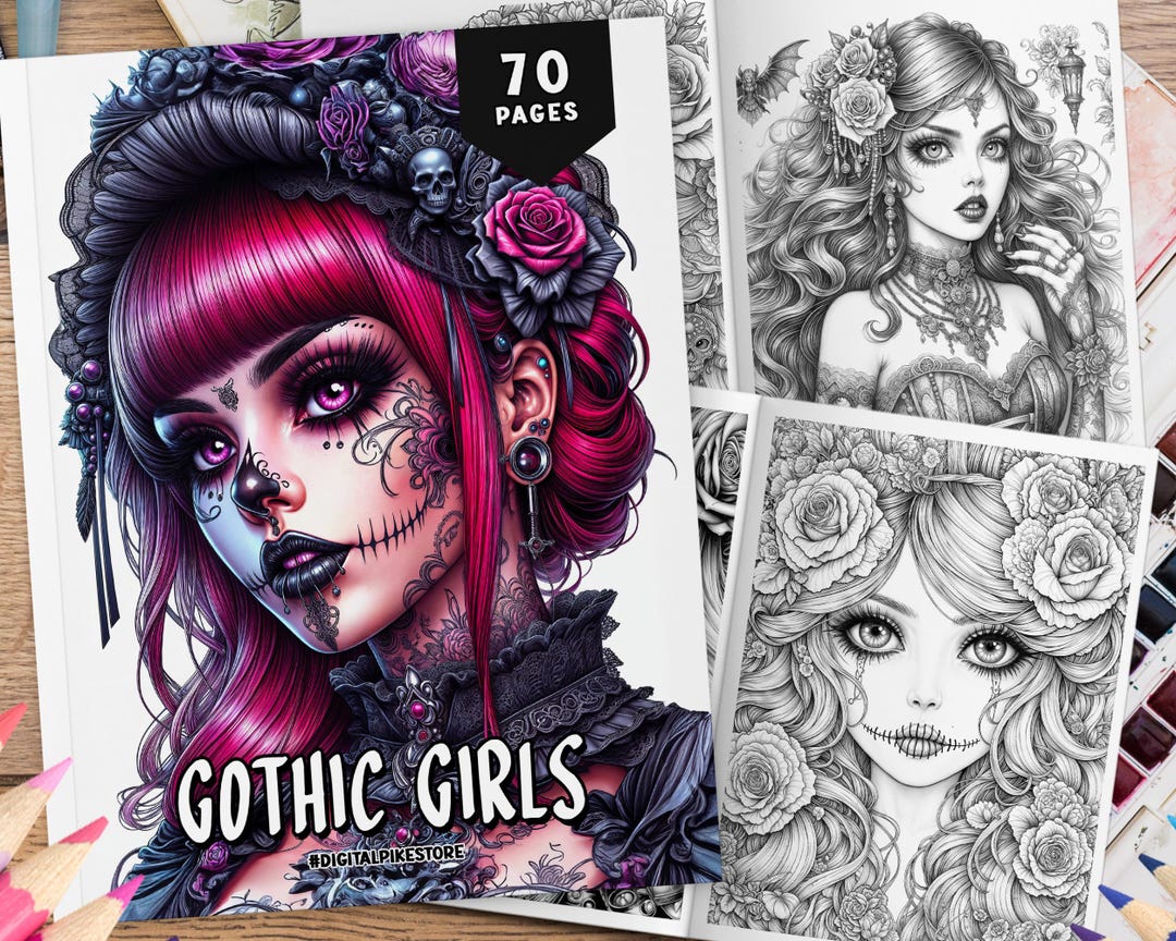 70 Gothic Girls Coloring Pages, Grayscale Coloring, Coloring Sheets ...