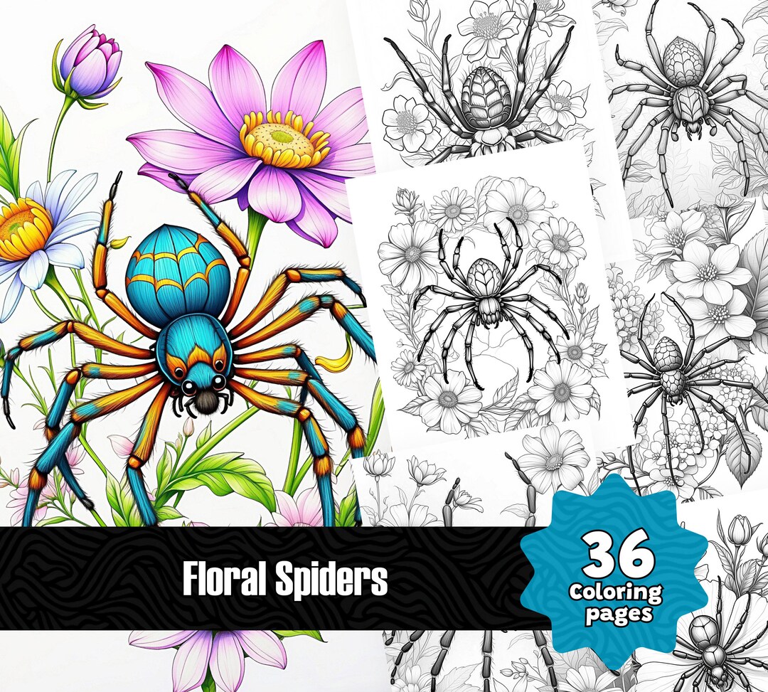 36 Floral Spiders Coloring Pages for Adults, Grayscale Coloring Pages ...