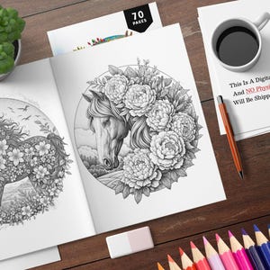 70 Floral Horse Coloring Book, Grayscale Coloring, Coloring Sheets ...