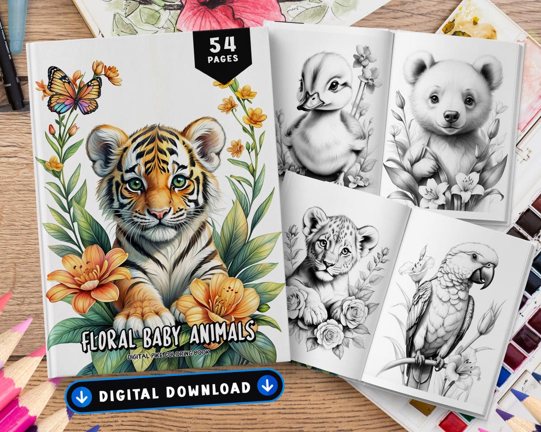 54 Floral Baby Animal Coloring Book, Grayscale Coloring Pages, Coloring ...