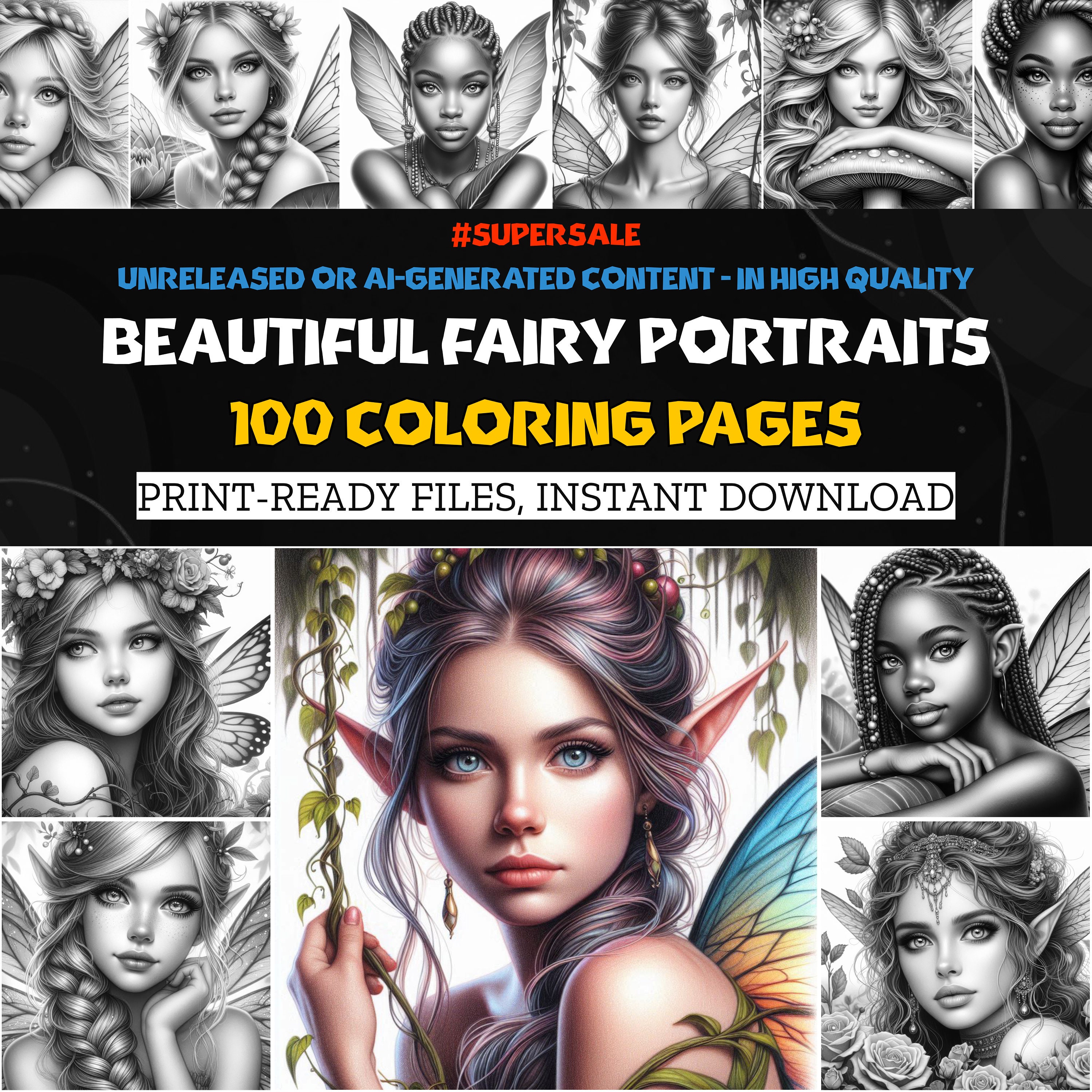 100 Beautiful Fairy Portrait Coloring Pages, Grayscale Coloring Pages ...