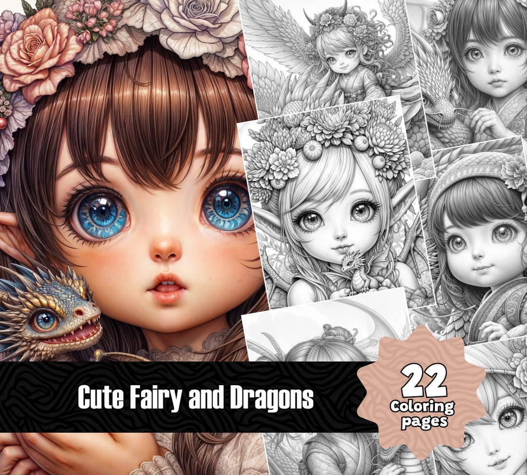 22 Cute Fairy and Dragons Coloring Pages, Grayscale Coloring Pages ...