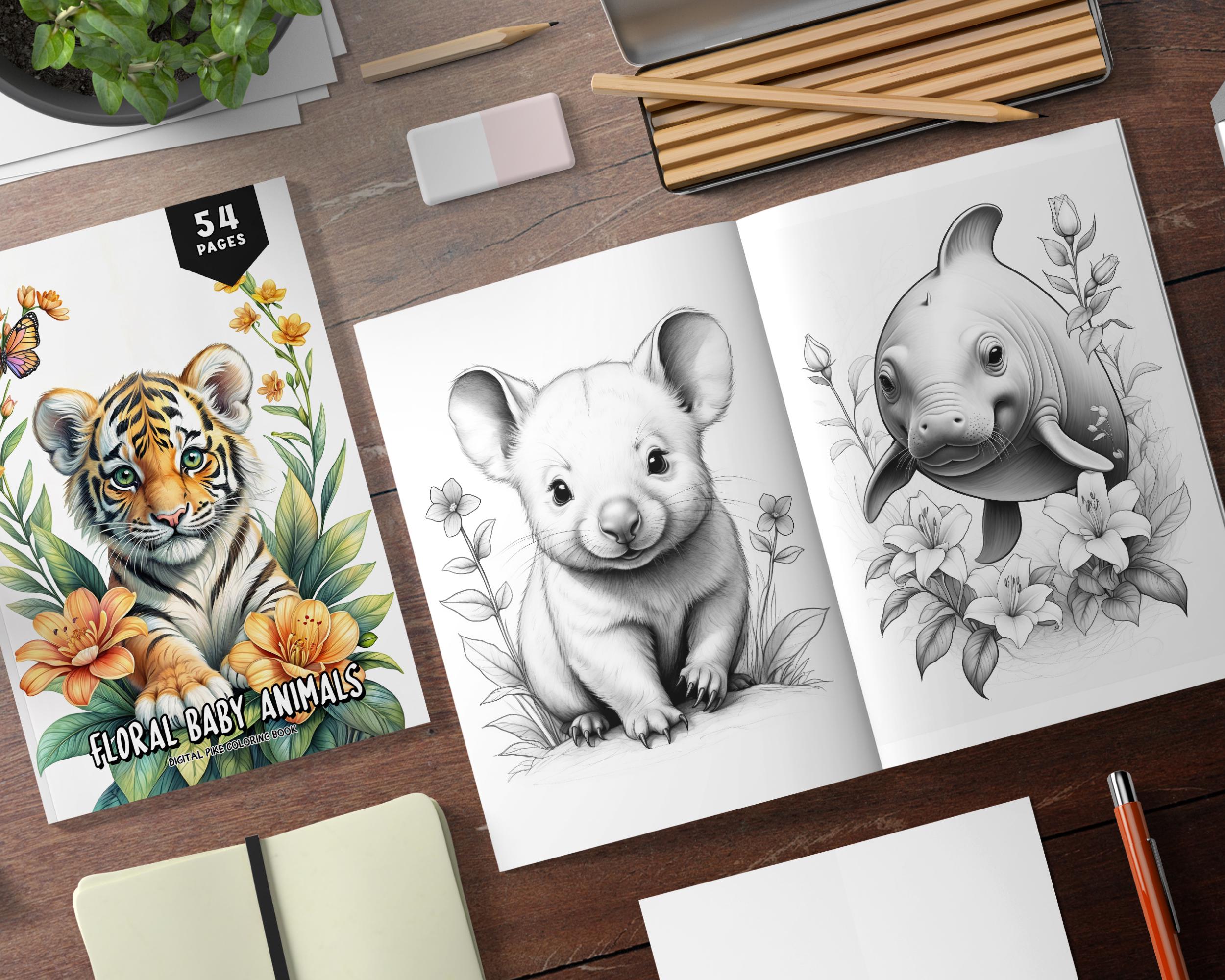 54 Floral Baby Animal Coloring Book, Grayscale Coloring Pages, Coloring ...