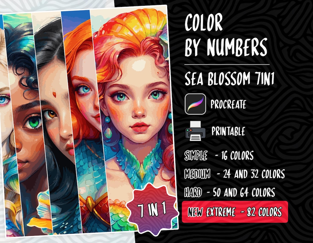 Mermaids Color by Number, Digital Coloring Page, Paint by Number ...
