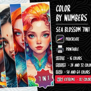 Mermaids Color by Number, Digital Coloring Page, Paint by Number ...