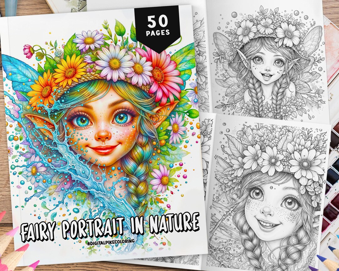50 Fairy Portrait in Nature Coloring Pages, Grayscale Coloring ...