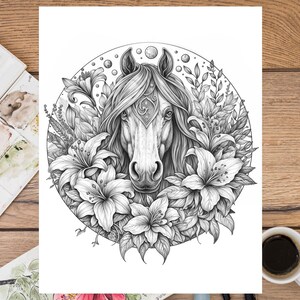 70 Floral Horse Coloring Book, Grayscale Coloring, Coloring Sheets ...