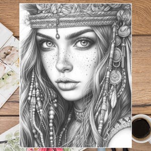 25 Boho Girls Coloring Pages, Grayscale Coloring Book, Beauty Portraits ...