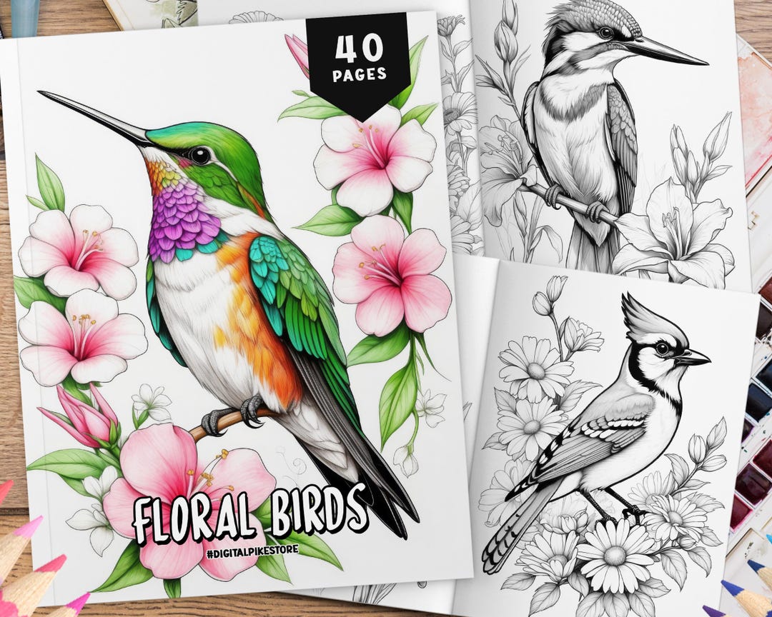 40 Floral Bird Coloring Book, Grayscale Coloring Pages, Coloring Sheets ...