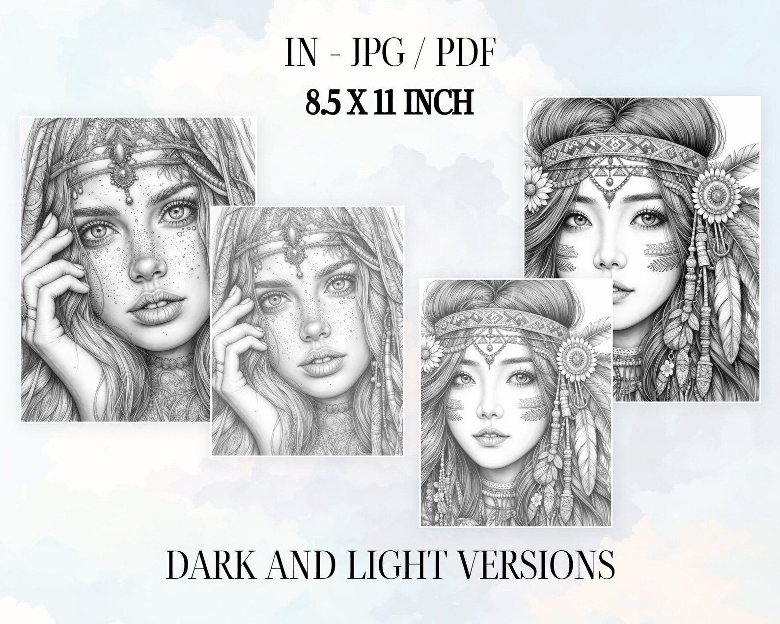25 Boho Girls Coloring Pages, Grayscale Coloring Book, Beauty Portraits ...