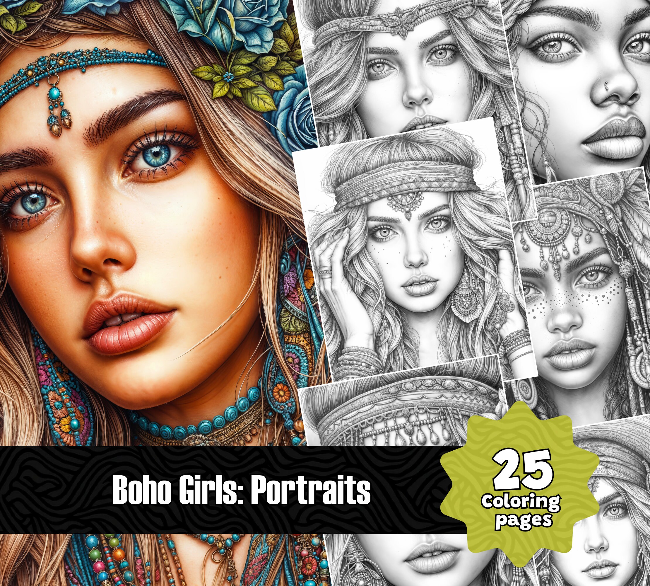 25 Boho Girls Coloring Pages, Grayscale Coloring Book, Beauty Portraits ...