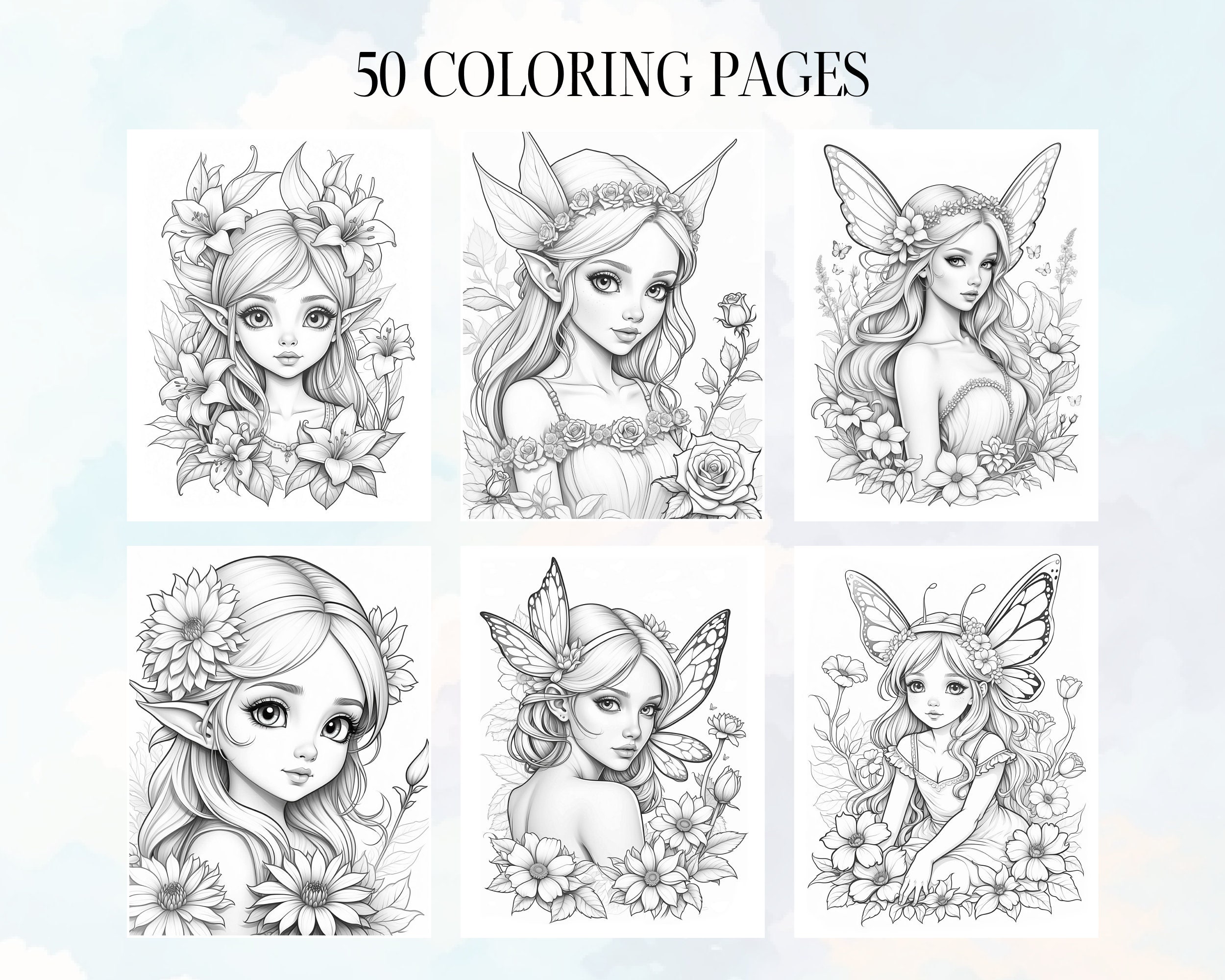 50 Floral Fairy Coloring Pages Adults, Grayscale Coloring Pages ...
