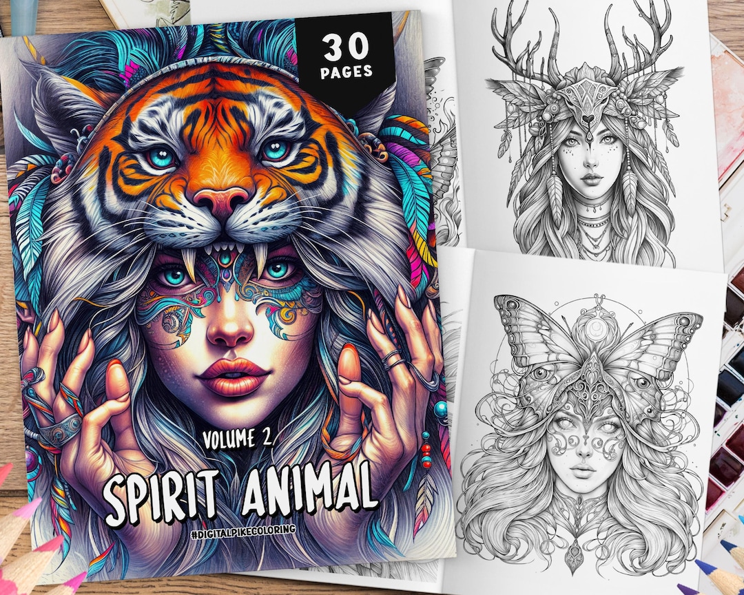 30 Spirit Animal Coloring Book Volume 2, Grayscale Coloring Pages ...
