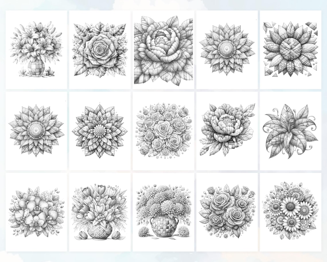 150 Patchwork Flowers Coloring Book, Grayscale Coloring, Coloring ...