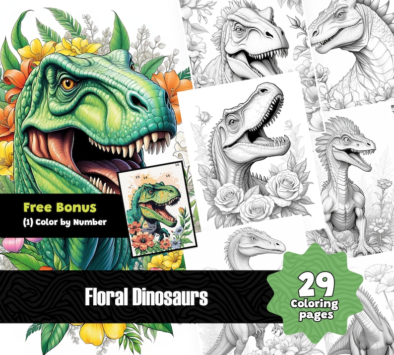 29 Floral Dinosaur Coloring Pages for Adults, Grayscale Coloring Pages ...