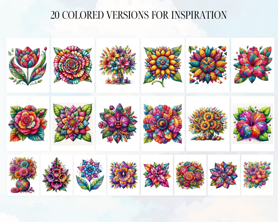 150 Patchwork Flowers Coloring Book, Grayscale Coloring, Coloring ...