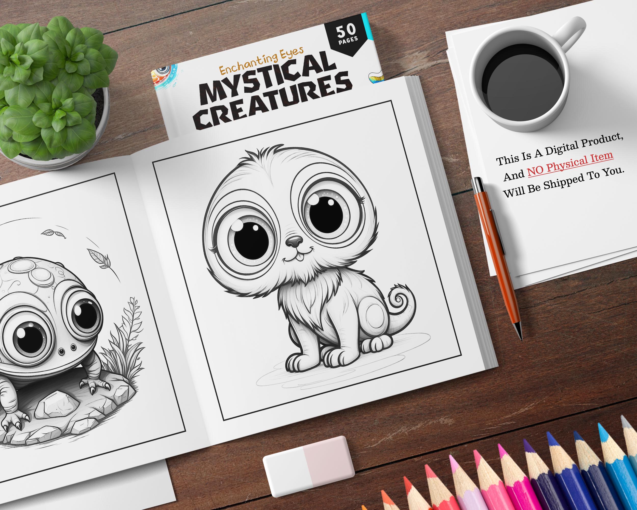 50 Mystical Creatures Coloring Book, Coloring Sheets, Grayscale ...