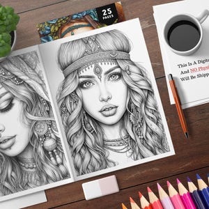 25 Boho Girls Coloring Pages, Grayscale Coloring Book, Beauty Portraits ...
