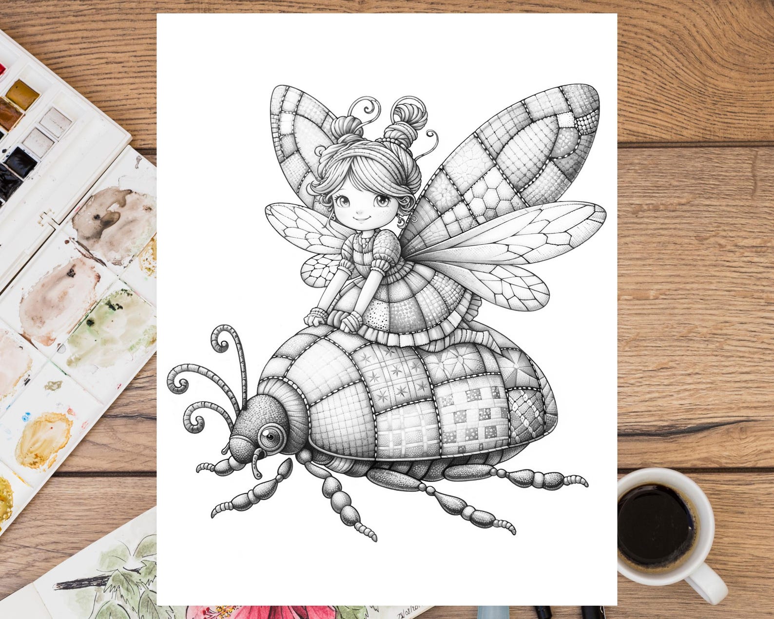 100 Patchwork Fairy Coloring Book, Grayscale Coloring, Coloring Sheets ...