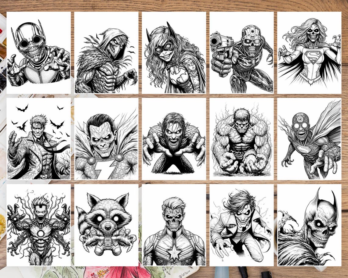 250 Creepy Superheroes Coloring Book BUNDLE, Comics Coloring, Superhero ...