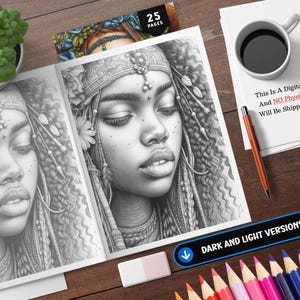 25 Boho Girls Coloring Pages, Grayscale Coloring Book, Beauty Portraits ...