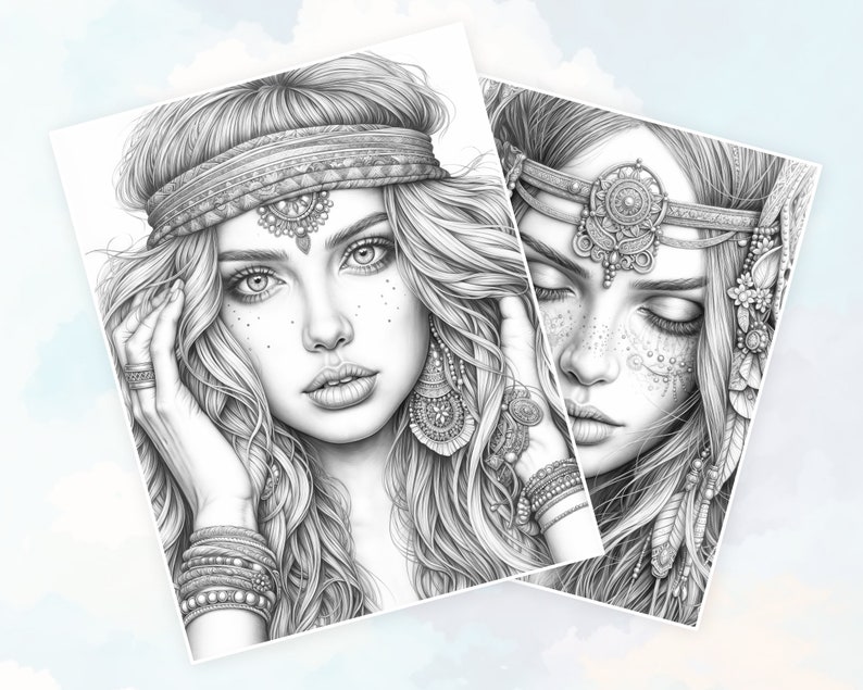 25 Boho Girls Coloring Pages, Grayscale Coloring Book, Beauty Portraits ...
