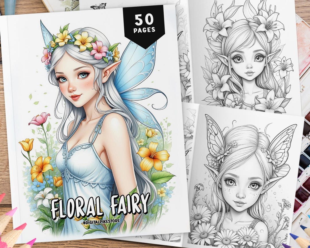 50 Floral Fairy Coloring Pages Adults, Grayscale Coloring Pages ...
