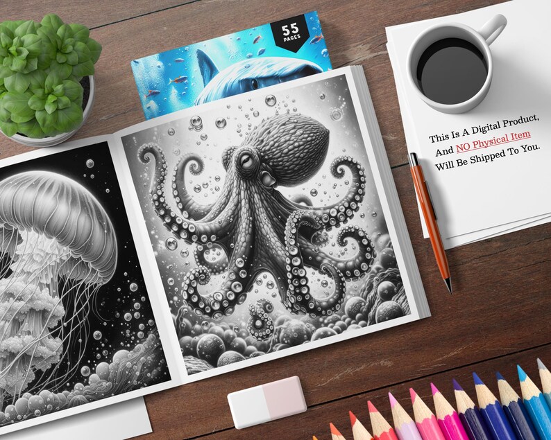 55 Ocean Creature Coloring Pages, Grayscale Coloring Book, Coloring ...